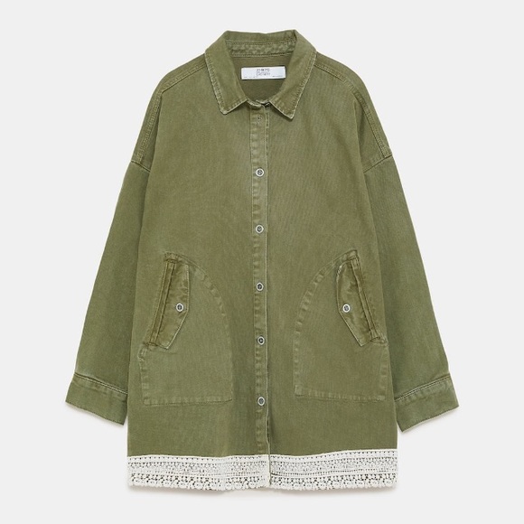 Zara | Jackets & Coats | Zara Khaki Mixed Lace Overshirt | Poshmark